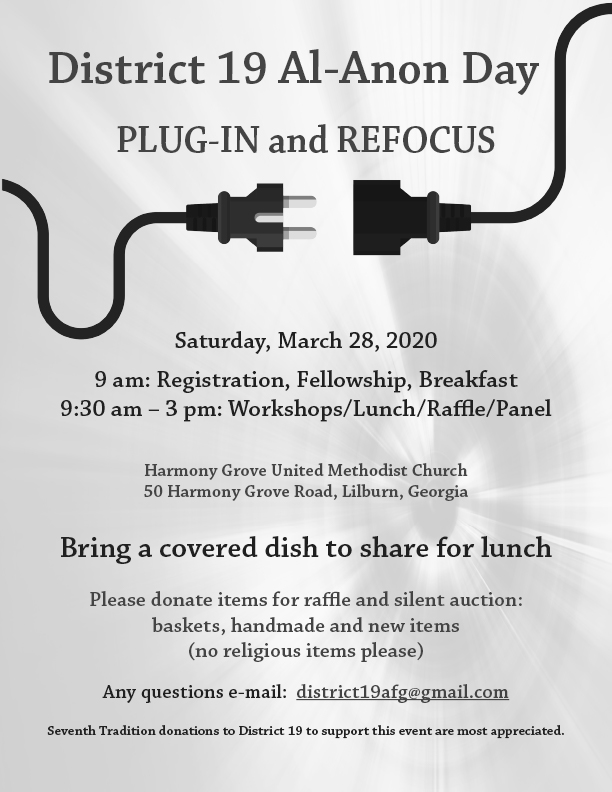 District 19 Al-Anon Day PLUG-IN and REFOCUS – CANCELLED - Georgia Al-Anon District 19 Al-Anon Day PLUG-IN and REFOCUS – CANCELLED - Georgia Al-Anon